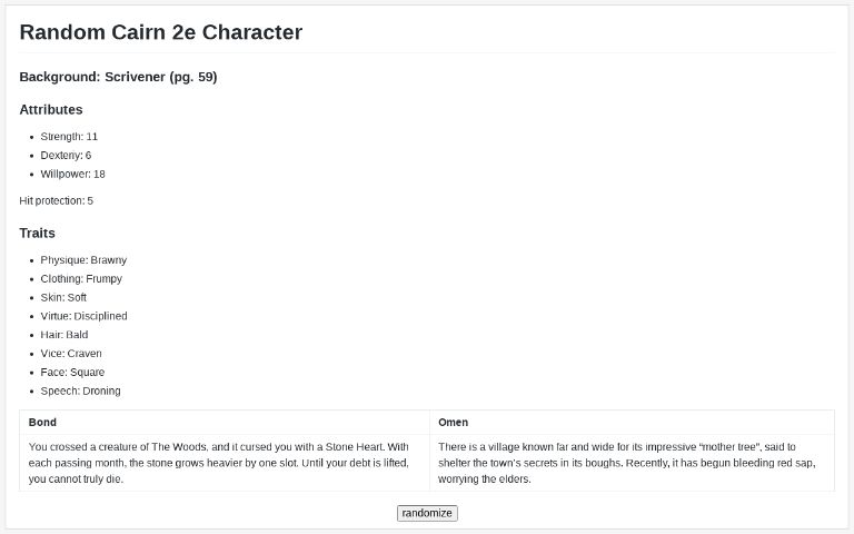 Random Cairn 2e Character ― Perchance Generator