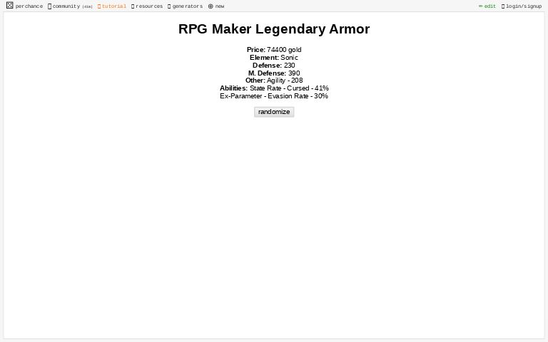 RPG Maker Legendary Armor ― Perchance Generator