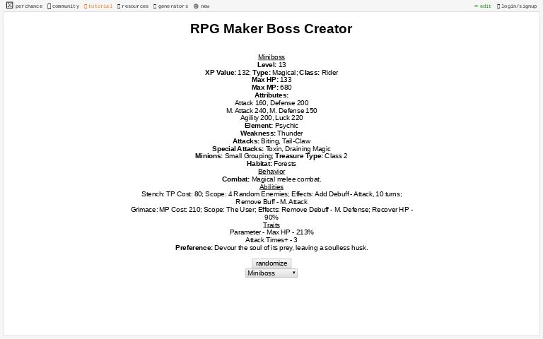 RPG Maker Boss Creator ― Perchance Generator