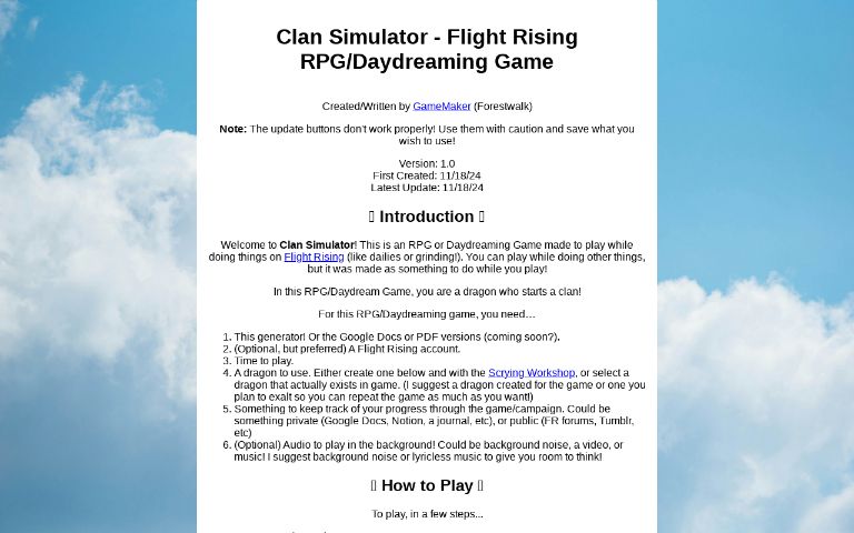 Clan Simulator - Flight Rising RPG/Daydreaming Game ― Perchance Generator