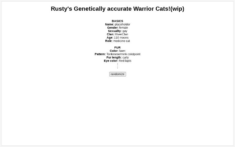 Rusty's Genetically accurate Warrior Cats!(wip) ― Perchance Generator