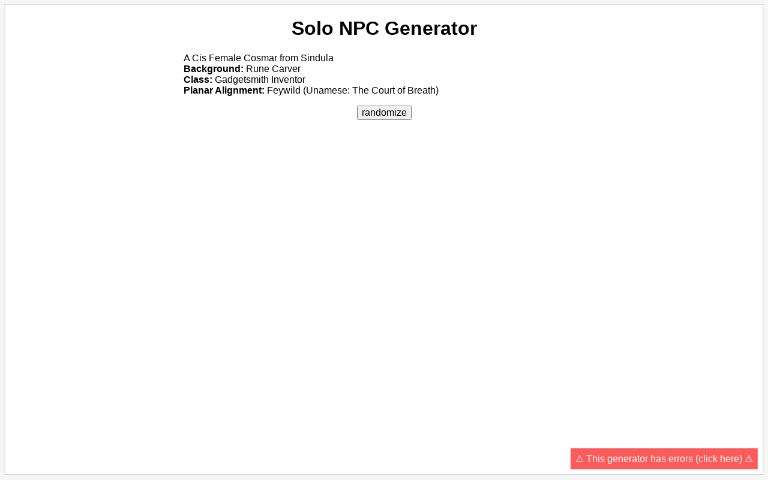 Solo NPC Generator