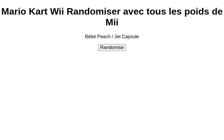 Mario Kart Wii Randomiser avec tous les poids de Mii ― Perchance Generator