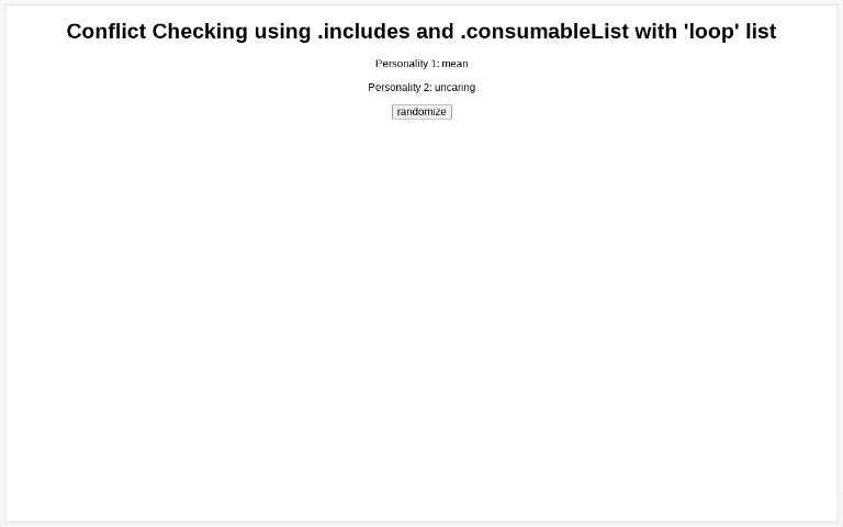 Conflict Checking using .includes and .consumableList with 'loop' list ― Perchance Generator