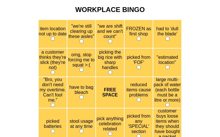 WORKPLACE BINGO ― Perchance Generator
