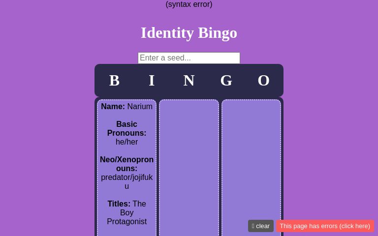 Identity Bingo ― Perchance Generator