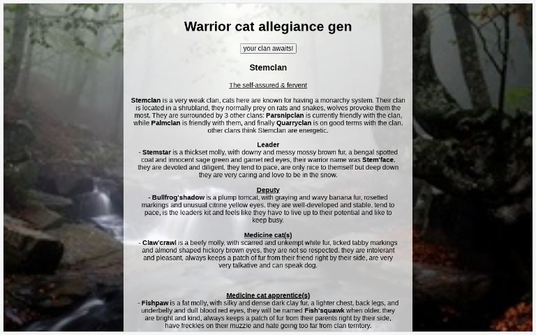 Warrior cat allegiance gen ― Perchance Generator