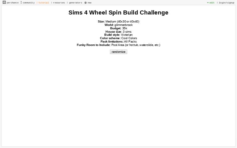 Sims 4 Wheel Spin Build Challenge ― Perchance Generator
