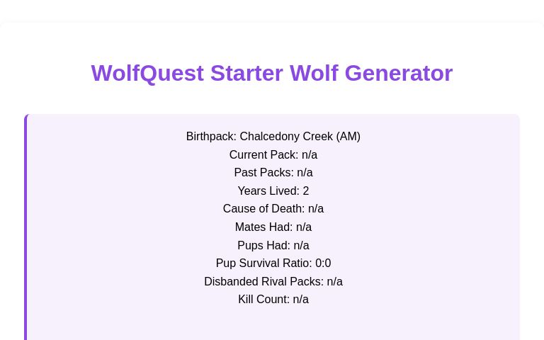 WolfQuest Starter Wolf Generator