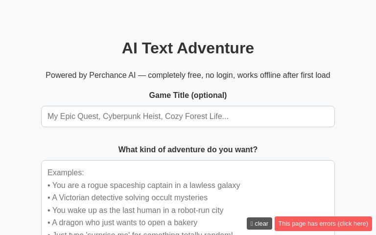 AI Text Adventure ― Perchance Generator