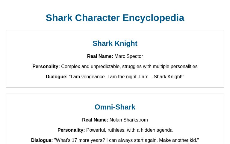 Shark Character Encyclopedia ― Perchance Generator