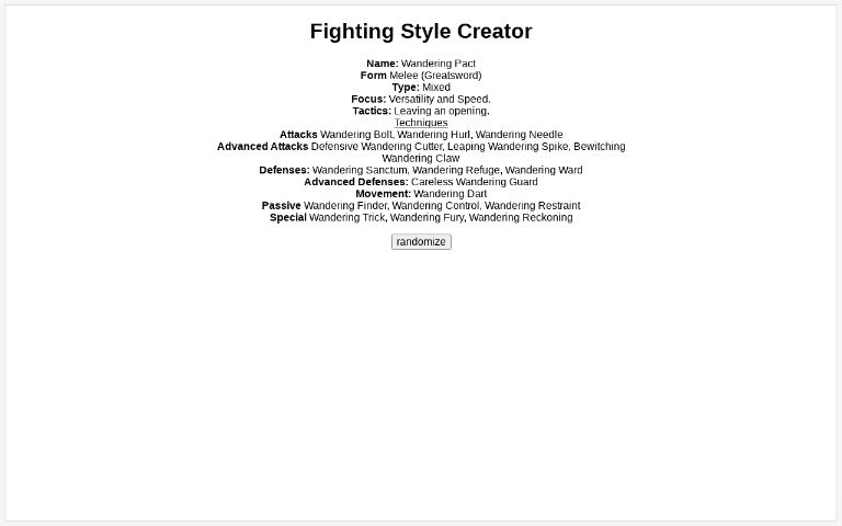 Fighting Style Creator ― Perchance Generator