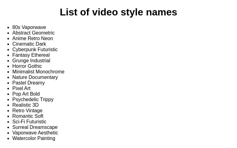 List of video style names ― Perchance Generator