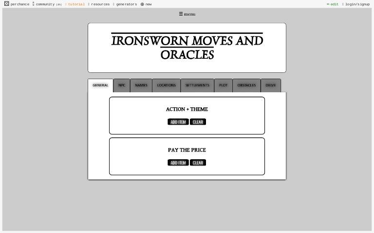 Ironsworn Moves and Oracles ― Perchance Generator