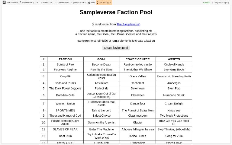 Sampleverse Faction Pool ― Perchance Generator