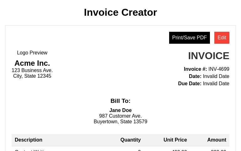 Invoice Creator ― Perchance Generator