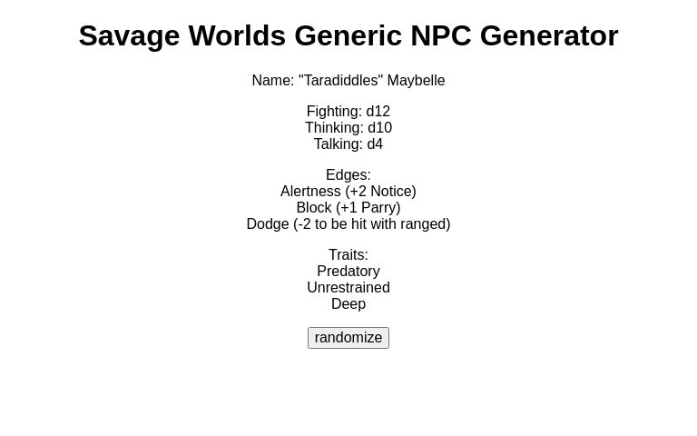 Savage Worlds Generic NPC Generator