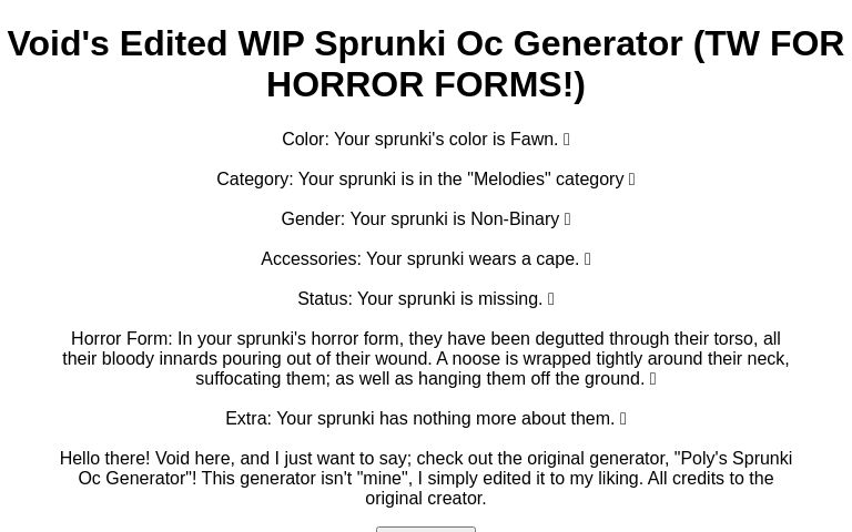 Void's Edited WIP Sprunki Oc Generator (TW FOR HORROR FORMS!)