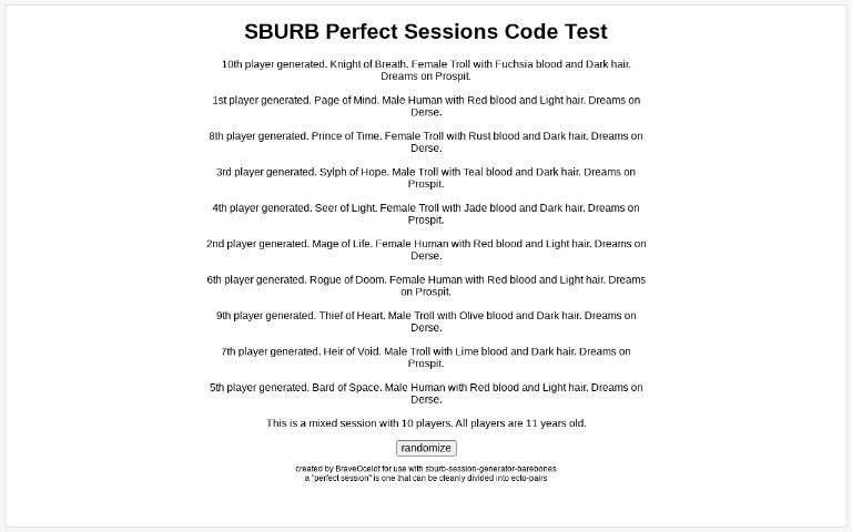 SBURB Perfect Sessions Code Test ― Perchance Generator