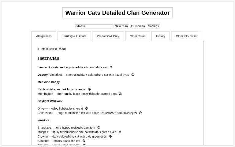 Warrior Cats Detailed Clan Generator
