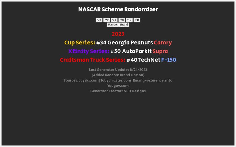 NASCAR Scheme Randomizer ― Perchance Generator