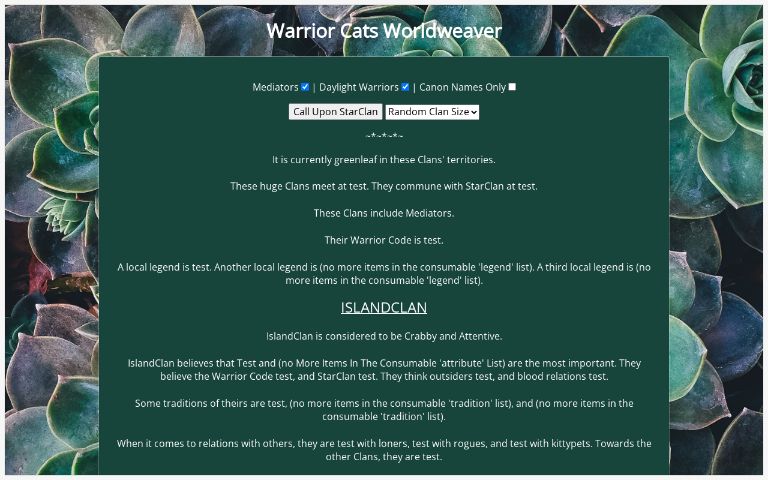 Warrior Cats Worldweaver ― Perchance Generator