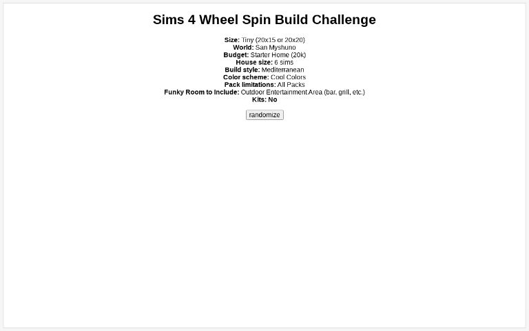 Sims 4 Wheel Spin Build Challenge ― Perchance Generator