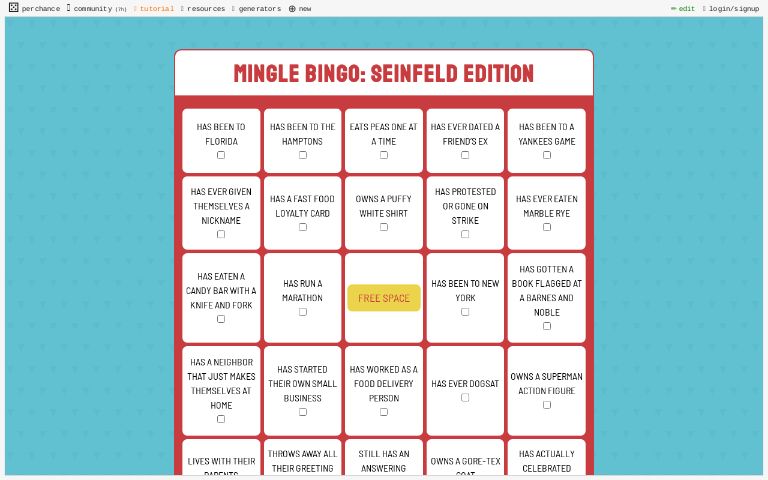 mingle bingo: seinfeld edition ― Perchance Generator