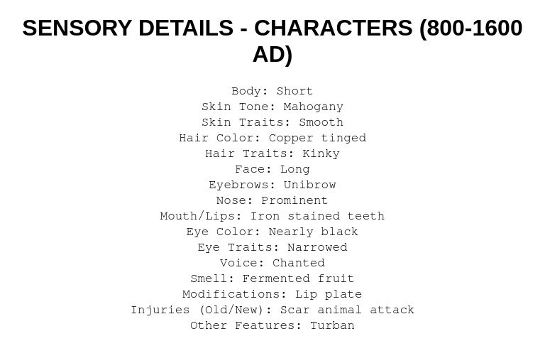 SENSORY DETAILS - CHARACTERS (800-1600 AD) ― Perchance Generator