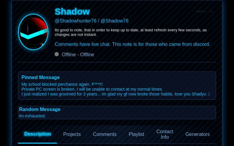 Shadowhunter76's profile ― Perchance Generator