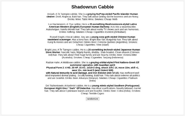 Shadowrun Cabbie ― Perchance Generator