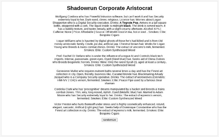 Shadowrun Corporate Aristocrat ― Perchance Generator