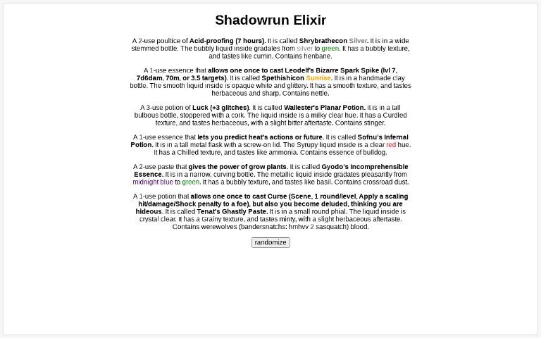Shadowrun Elixir ― Perchance Generator