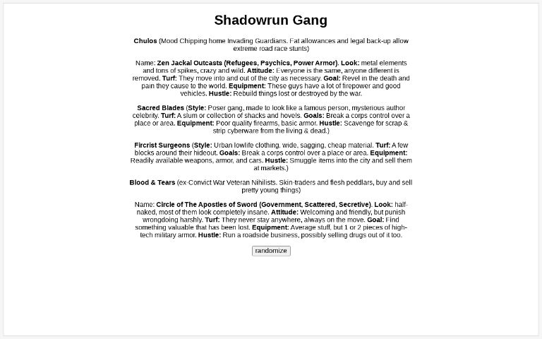 Shadowrun Gang ― Perchance Generator