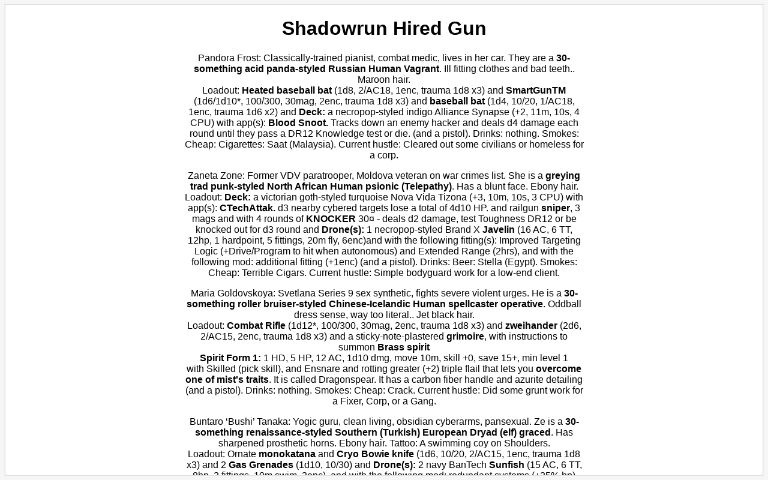 Shadowrun Hired Gun ― Perchance Generator