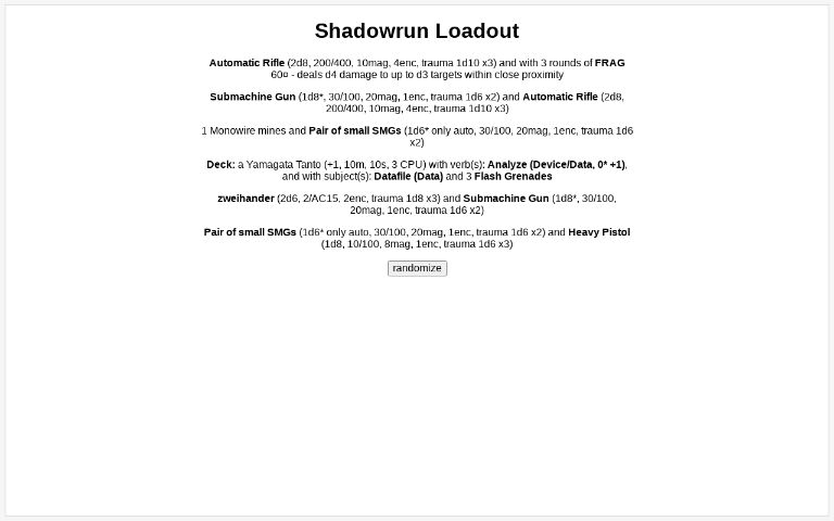 Shadowrun Loadout ― Perchance Generator
