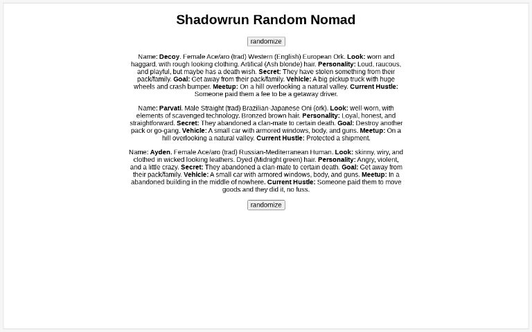 Shadowrun Random Nomad ― Perchance Generator