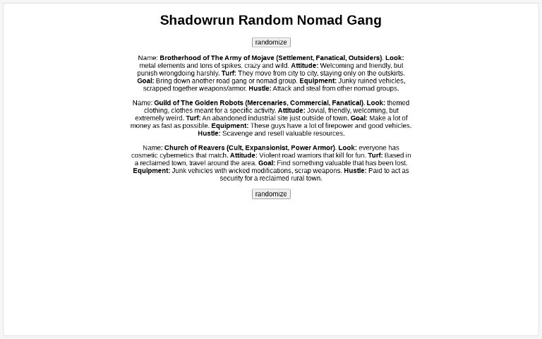 Shadowrun Random Nomad Gang ― Perchance Generator