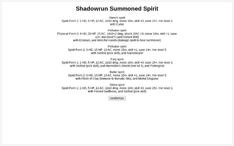 Shadowrun Summoned Spirit ― Perchance Generator