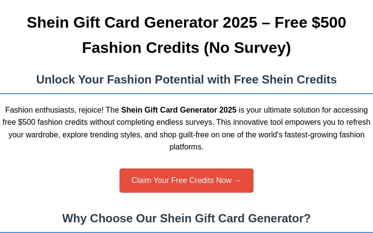Shein Gift Card Generator 2025 – Free $500 Fashion Credits (No Survey)