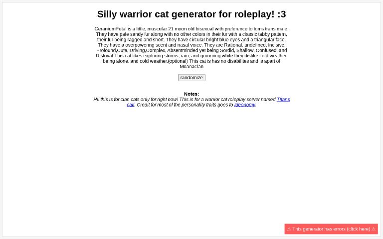 Silly warrior cat generator for roleplay! :3