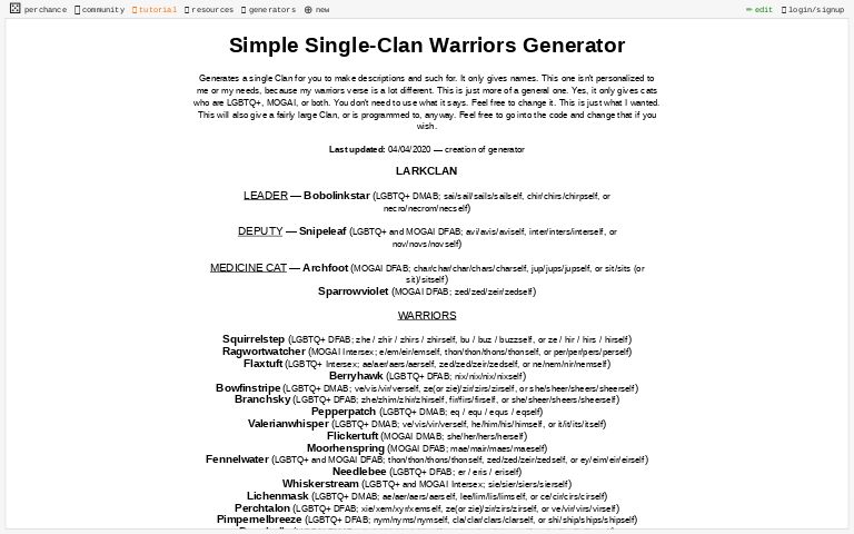 Simple Single-Clan Warriors Generator