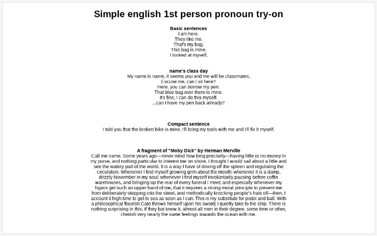 Simple english 1st person pronoun try-on ― Perchance Generator