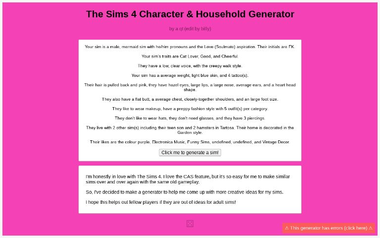 The Sims 4 Character & Household Generator