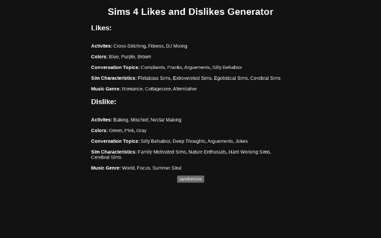 Sims 4 Likes and Dislikes Generator