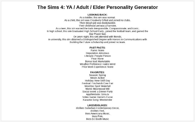 The Sims 4: YA / Adult / Elder Personality Generator