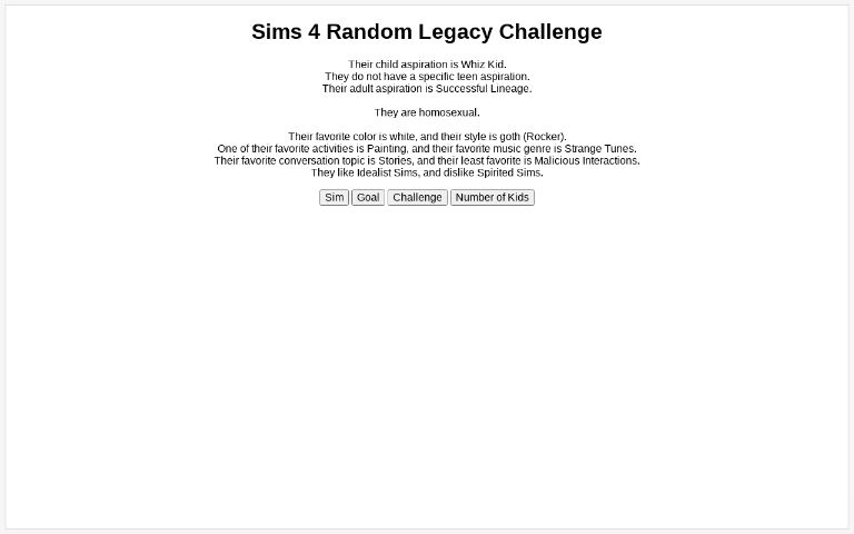 Sims 4 Random Legacy Challenge ― Perchance Generator
