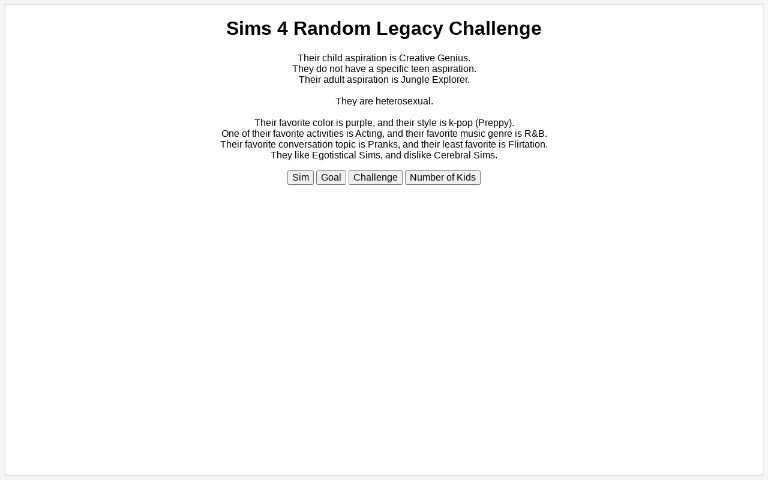 Sims 4 Random Legacy Challenge ― Perchance Generator