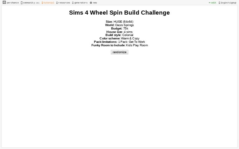 Sims 4 Wheel Spin Build Challenge ― Perchance Generator