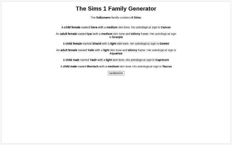 The Sims 1 Family Generator